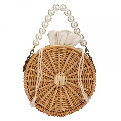 Round Rattan Bag, Pearl Purse, Summer Tote Bag, Top Handle Handbag, Beach Bag Purse for Women, Top Handle Handbag