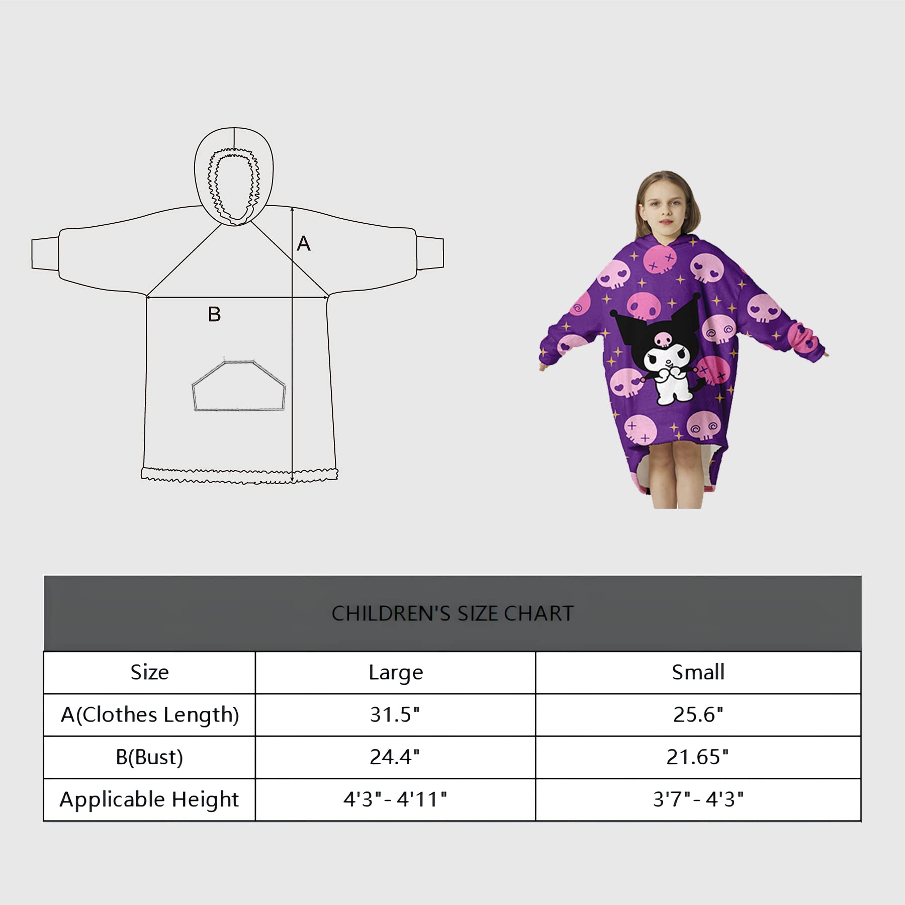 Perwzupe Kids Wearable Blanket Flannel Hoodies Sweatshirt,Warm Super Soft Blanket Hoodies,Portable Pullover Hooded Sherpa Blanket 3'7"-4'3"