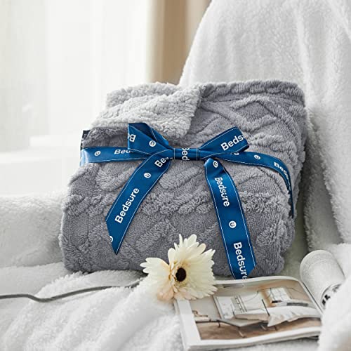 Bedsure Sherpa Throw Blanket for Couch Sofa - Fuzzy Soft Cozy Blanket for Bed, Fleece Thick Warm Blanket for Winter, Grey, 50x60 Inches