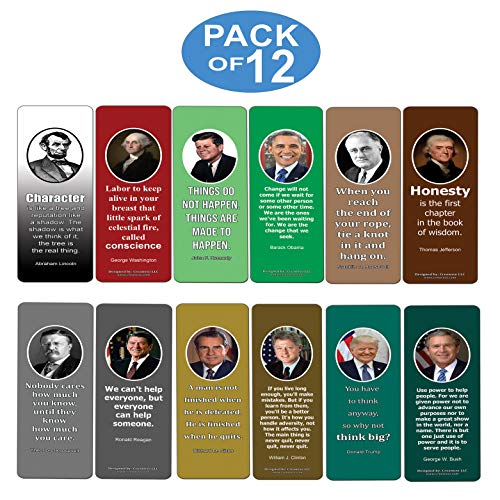 Creanoso President Quotes Bookmarks (12-Pack) โ Premium Designs Bulk Assorted Bookmarker Cards Pack โ Awesome History School Lesson Learning Collection Set โ Presidential Sayings Page Marker