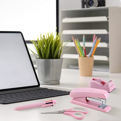 Pink Office Supplies Kit, 14 Piece Desk Accessory Kit Stapler and Tape Dispenser Set Includes Desktop Staple, Stapler Remove, Single Hole Punch, Tape Dispenser, Tape Measure, Scissors, Pen Holder