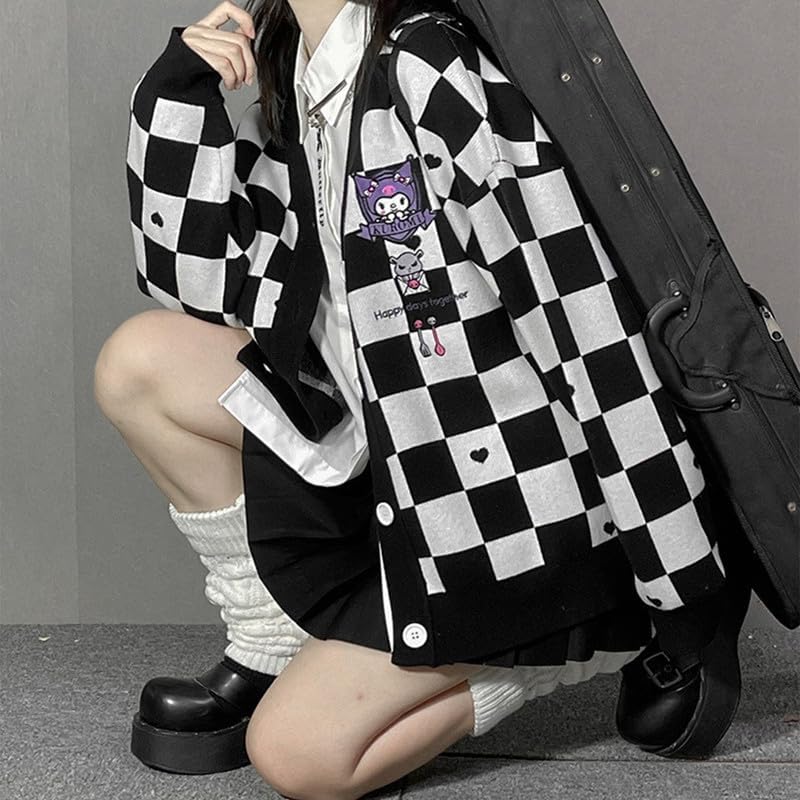 Kawaii Sweater Black Plaid Anime Cardigan Sweater for Women Cosplay Costume V Neck Long Sleeve Women's Button Knitted Outerwear JK Uniform S