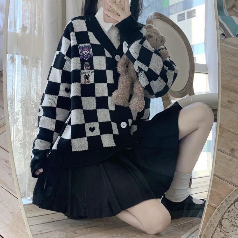 Kawaii Sweater Black Plaid Anime Cardigan Sweater for Women Cosplay Costume V Neck Long Sleeve Women's Button Knitted Outerwear JK Uniform S