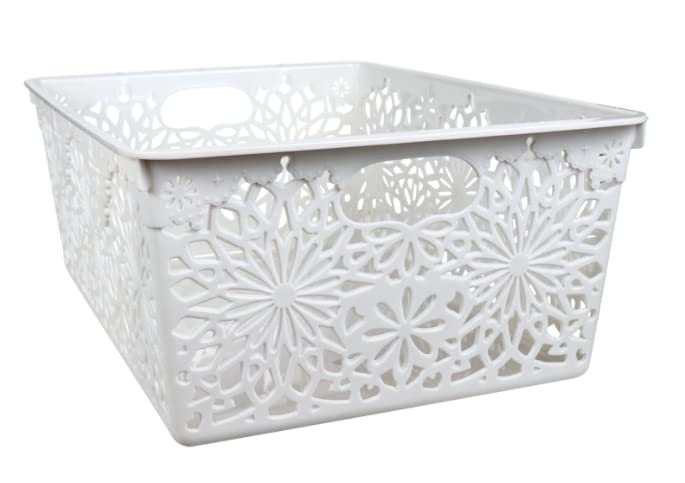 LSM Colorful Floral-Pattern Slotted Plastic Baskets Set of 2,Peach and Gray,Exclusively Bundled with Oggetto