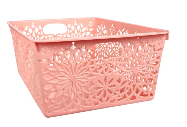 LSM Colorful Floral-Pattern Slotted Plastic Baskets Set of 2,Peach and Gray,Exclusively Bundled with Oggetto