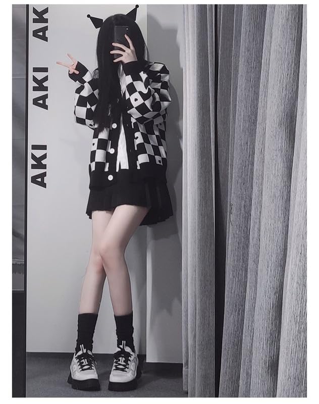 Kawaii Sweater Black Plaid Anime Cardigan Sweater for Women Cosplay Costume V Neck Long Sleeve Women's Button Knitted Outerwear JK Uniform S