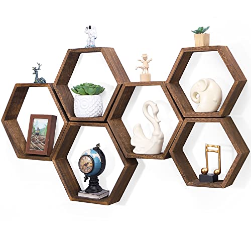 NORCEESAN Hexagon Floating Shelves Set of 6 Honeycomb Shelves for Wall Wood Farmhouse Storage Home Decor Shelf Wall Mounted Wooden Hexagonal Shelves for Bedroom Living Room Nursery, Rustic Brown