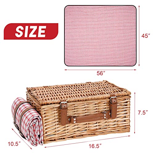Wicker Picnic Basket Set for 2 Persons with Waterproof Picnic Blanket and Large Insulated Cooler Compartment, Willow Picnic Hamper Basket with Cutlery Service Kits for Camping, Wedding, Anniversary