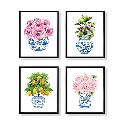 Blue and White Chinoiserie Wall Art - Watercolor Flower Picture Wall Prints - China Porcelain Vase Pottery Wall Decor - Chinese Oriental Ornament - Japanese Decor - Hydrangea Lemon Tree Peony Picture