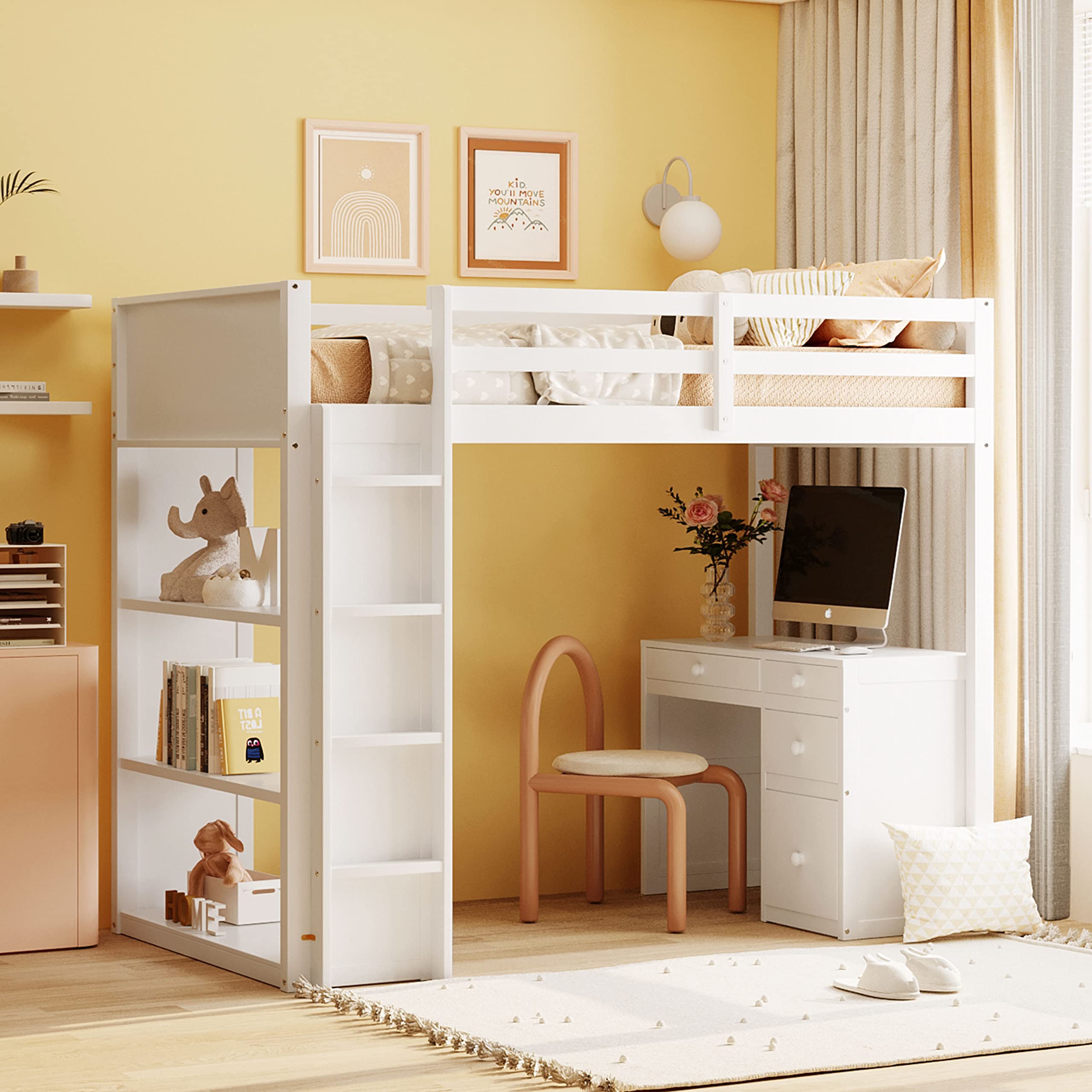 BIADNBZ Wooden Twin Size Loft Bed with Large Shelves Storage and Desk w/Built-in Drawers, Multifunctional LoftBed Frame w/Ladder for Kids Teens Adults Bedroom, White