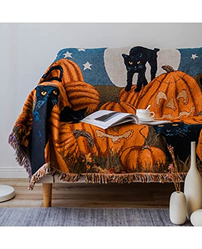 CUEERBOT Throw Blanket for Couch,Indie Room Decor Black Cat and Halloween Pumpkin Cotton Blanket (Orange, Large 63X87 Inches)