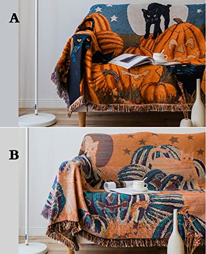 CUEERBOT Throw Blanket for Couch,Indie Room Decor Black Cat and Halloween Pumpkin Cotton Blanket (Orange, Large 63X87 Inches)