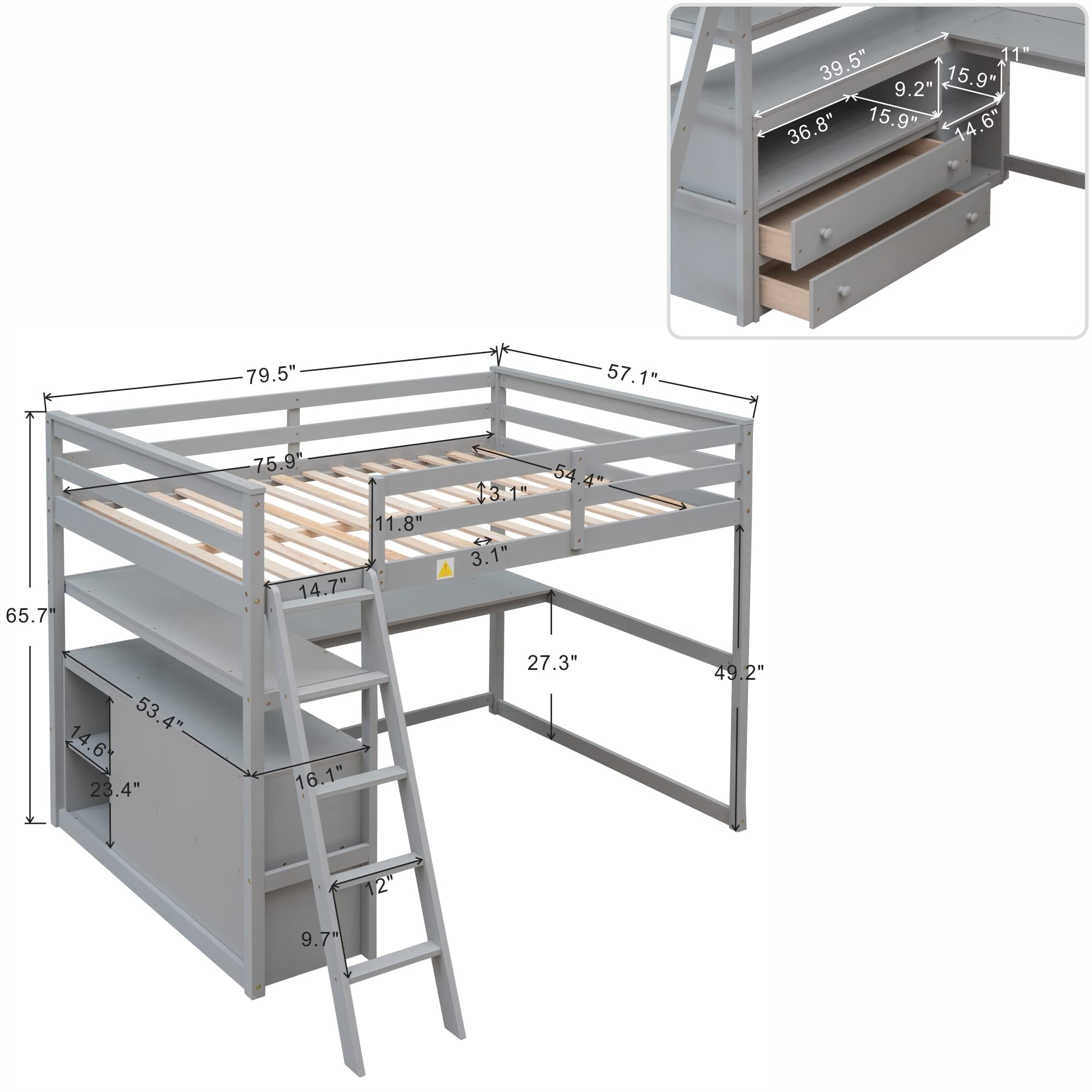 BIADNBZ Full Size Loft Bed with Long Desk, Two Drawers and Shelves Storage, Wooden Versatile LoftBed Frame for Teens Adults Bedroom Apartment, Gray