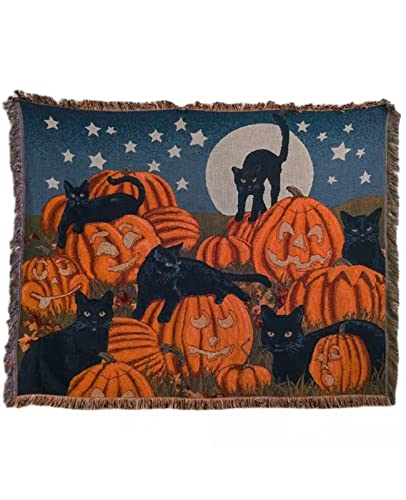 CUEERBOT Throw Blanket for Couch,Indie Room Decor Black Cat and Halloween Pumpkin Cotton Blanket (Orange, Large 63X87 Inches)