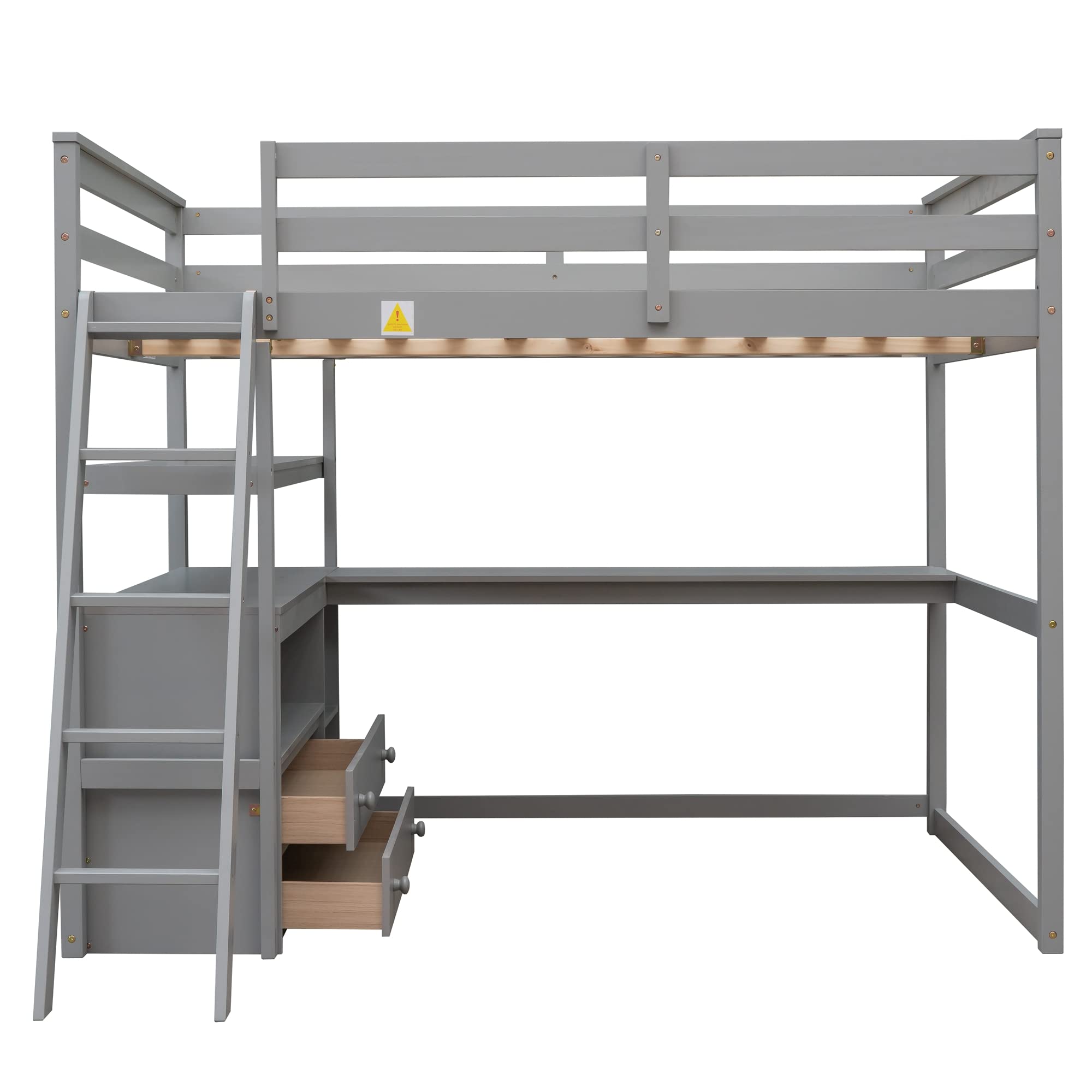 BIADNBZ Full Size Loft Bed with Long Desk, Two Drawers and Shelves Storage, Wooden Versatile LoftBed Frame for Teens Adults Bedroom Apartment, Gray