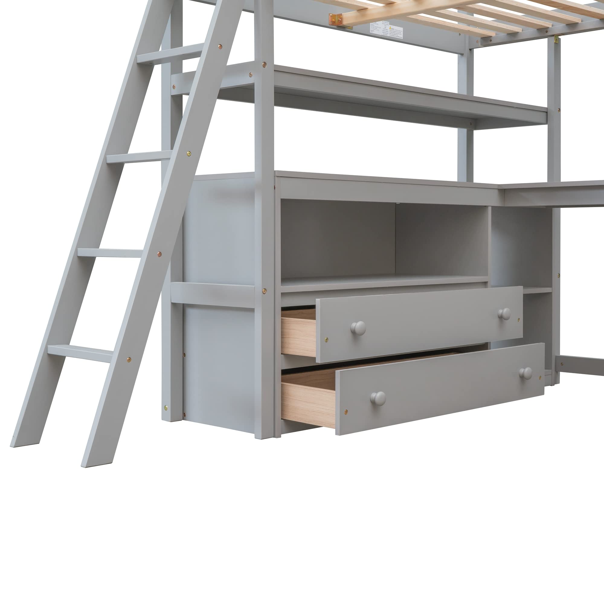 BIADNBZ Full Size Loft Bed with Long Desk, Two Drawers and Shelves Storage, Wooden Versatile LoftBed Frame for Teens Adults Bedroom Apartment, Gray
