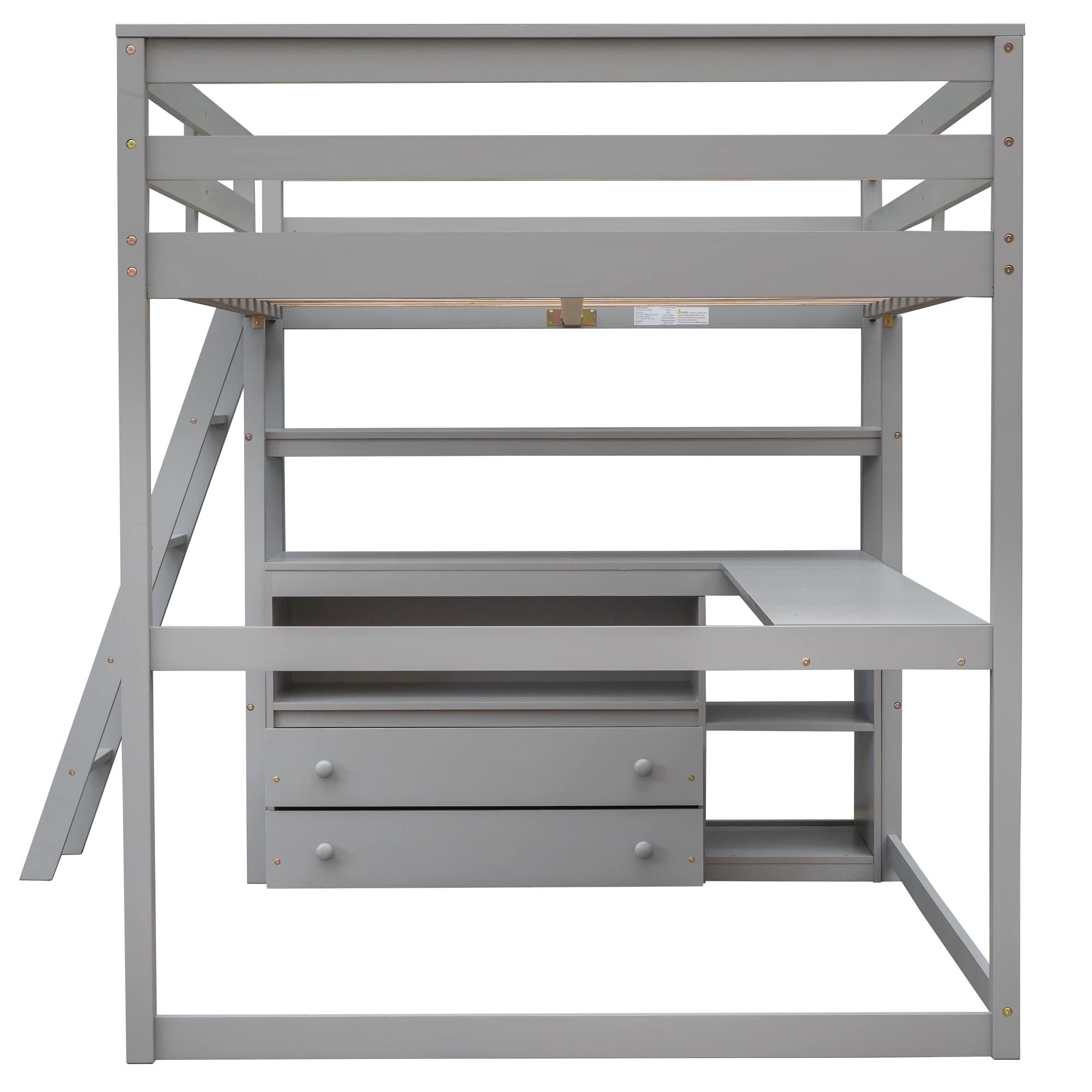 BIADNBZ Full Size Loft Bed with Long Desk, Two Drawers and Shelves Storage, Wooden Versatile LoftBed Frame for Teens Adults Bedroom Apartment, Gray