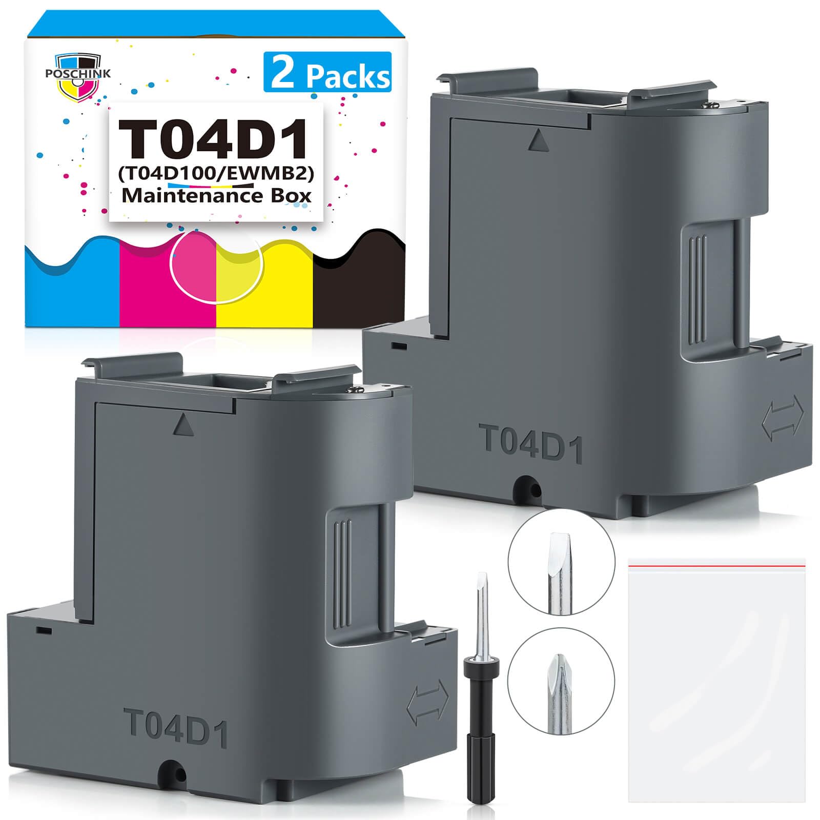 Poschink T04D1 T04D100 Ink Maintenance Box for ET-15000 ET-3750 ET-3760 WF-2860 ET-4760 ET-3850 ET-4850 XP-5100 ET-3710 ET-5150 ET-3830 ET-M1000 ST-3000 ET-M2170 Etc. Printers, 2 Packs