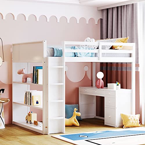 BIADNBZ Full Size Loft Bed with Desk, Drawers and Storage Shelves, Wooden High Loftbed Frame, for Kids Teens Adults Bedroo, White Color