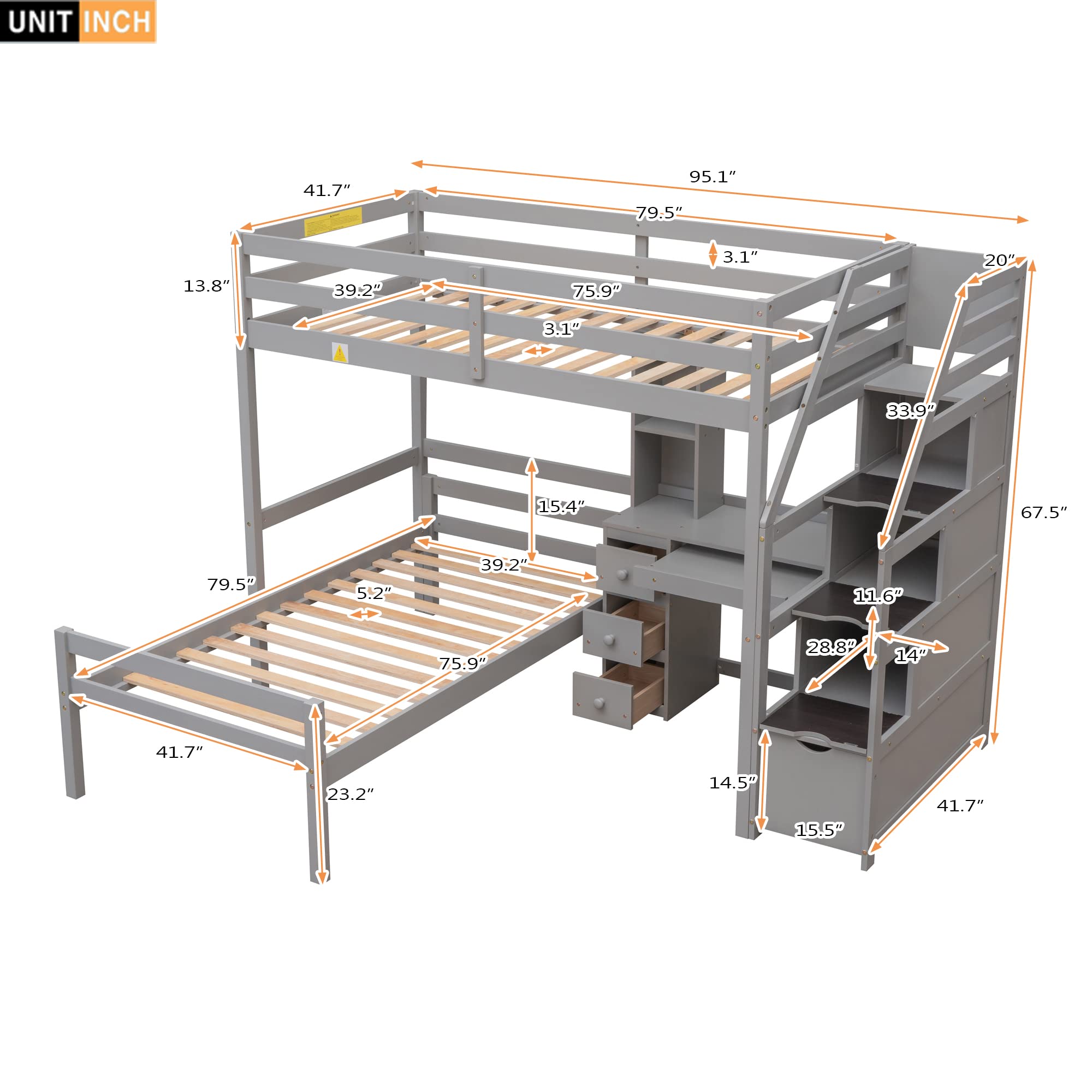 BIADNBZ Twin Over Twin Bunk Bed with Stairs Storage, Desk, Shelves and Drawers, Wood L-Shaped Bunk Bed Convertible into Loft Bed with Staircase and a Platform Bedframe, Gray
