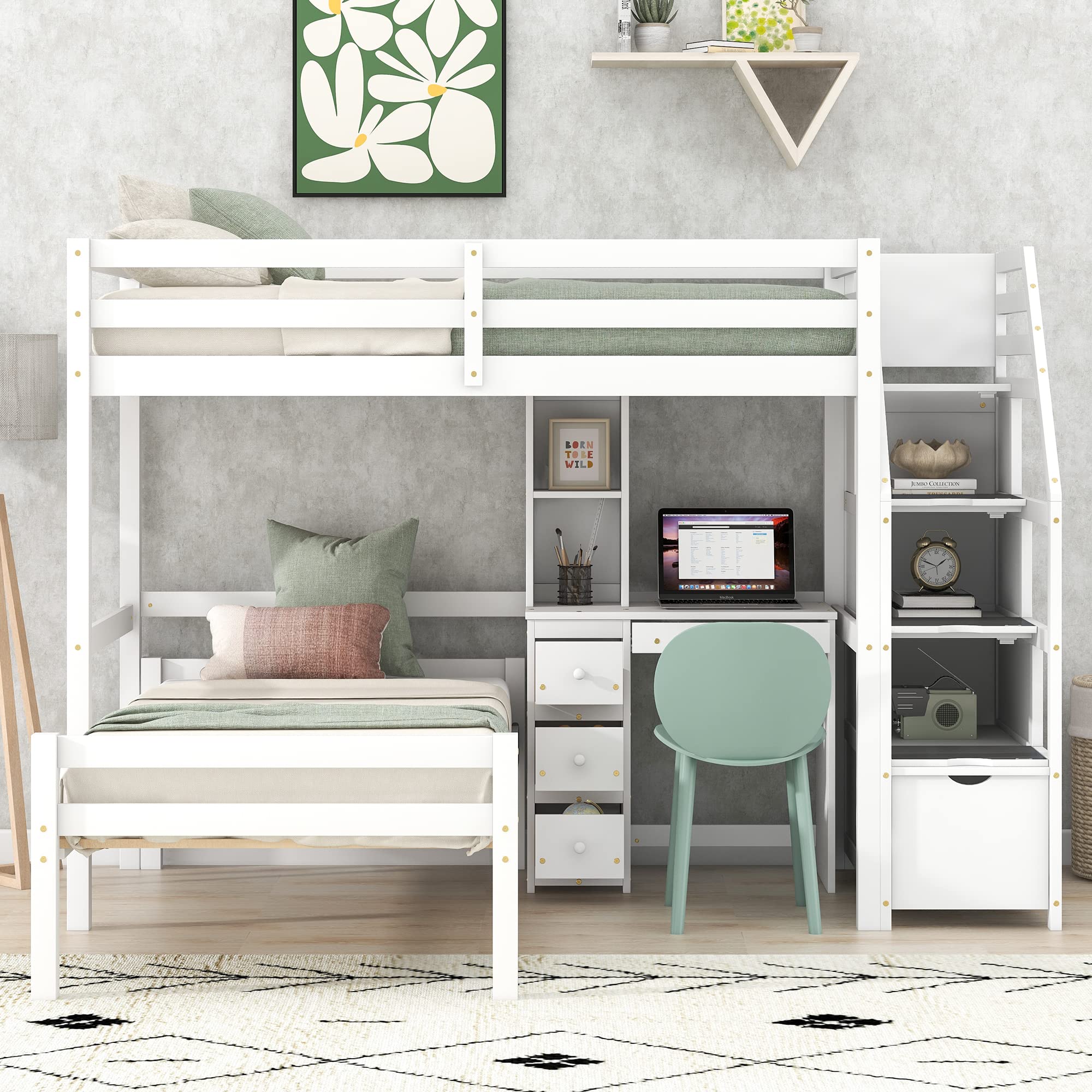 BIADNBZ Twin Over Twin Bunk Bed with Desk, Stairs, Storage Drawers and Shelves, Wood L-Shaped Bunkbed with Convertible Design, for Kids Teens Bedroom, White