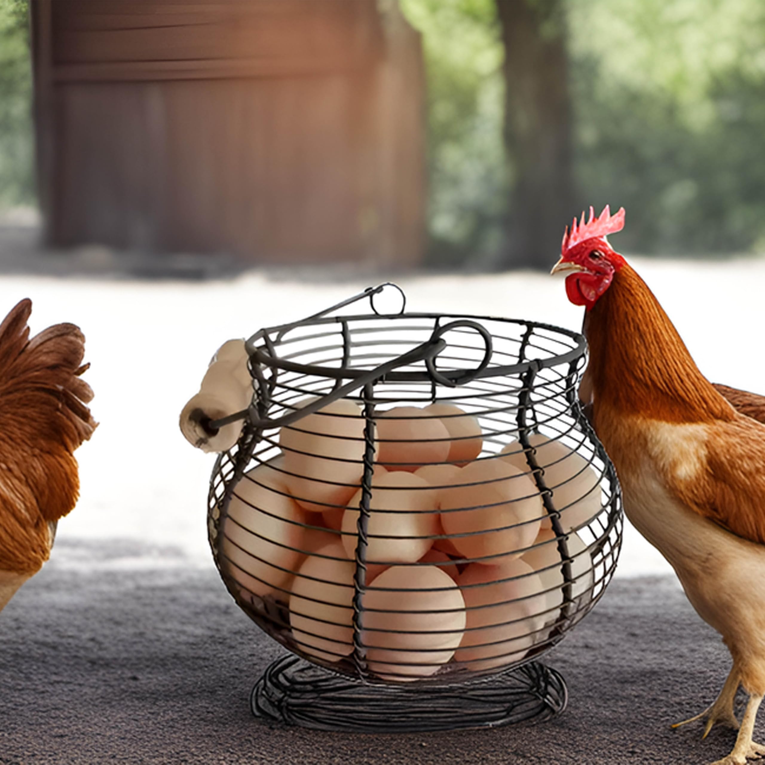 Metal Wire Egg Baskets for Collect Fresh Egg Baskets Countertop Holder, LINCOUNTRY Rustic Round Small Chicken Basket Gathering Fresh Egg With Handle,Country Primitive Farmhouse Vintage Storage Kid