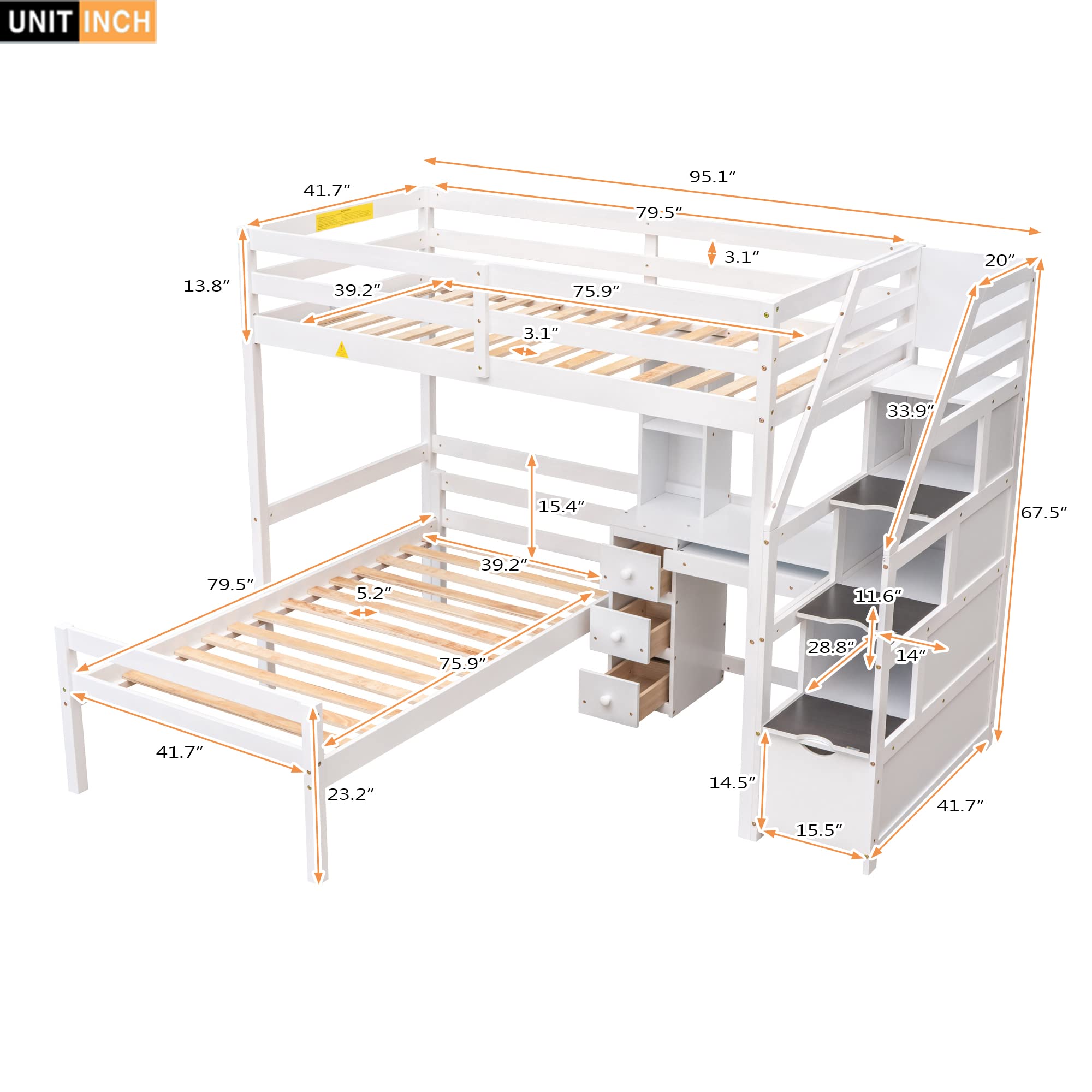 BIADNBZ Twin Over Twin Bunk Bed with Desk, Stairs, Storage Drawers and Shelves, Wood L-Shaped Bunkbed with Convertible Design, for Kids Teens Bedroom, White