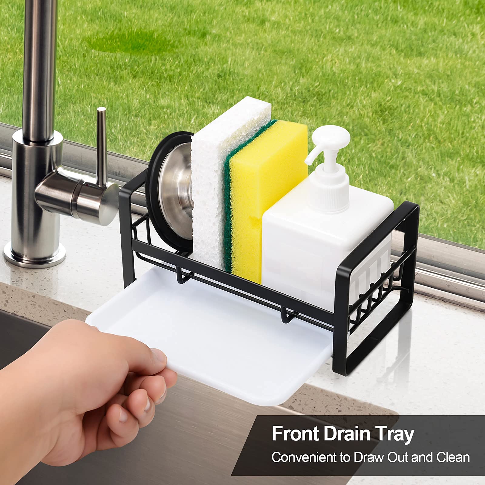 ARTLEO Dish Sponge Holder | Kitchen Sponge Caddy and Soap Dispenser Holder | Sink Tray Drainer Rack | Come with Front Drip Tray, for countertop, Black Stainless Steel.