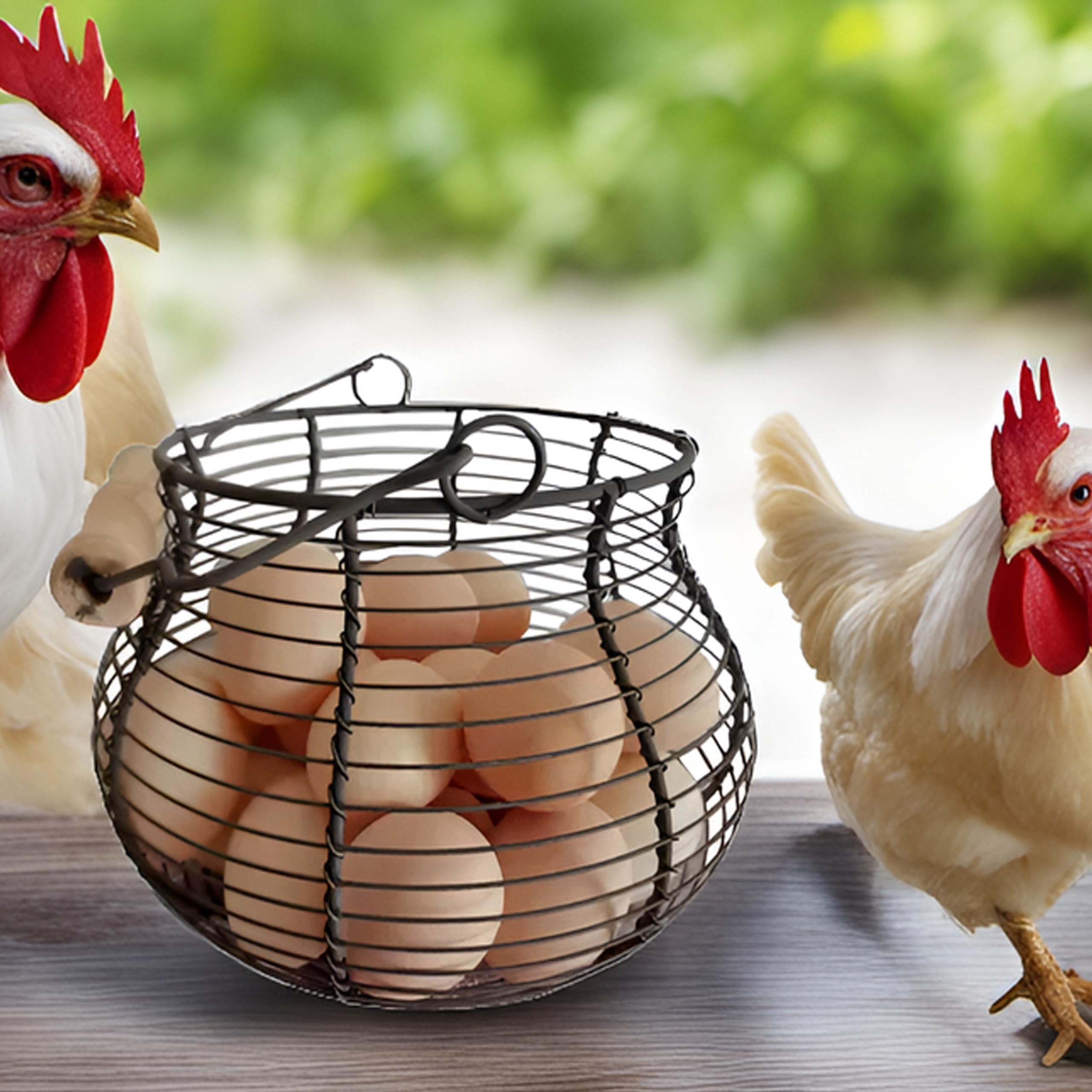 Metal Wire Egg Baskets for Collect Fresh Egg Baskets Countertop Holder, LINCOUNTRY Rustic Round Small Chicken Basket Gathering Fresh Egg With Handle,Country Primitive Farmhouse Vintage Storage Kid