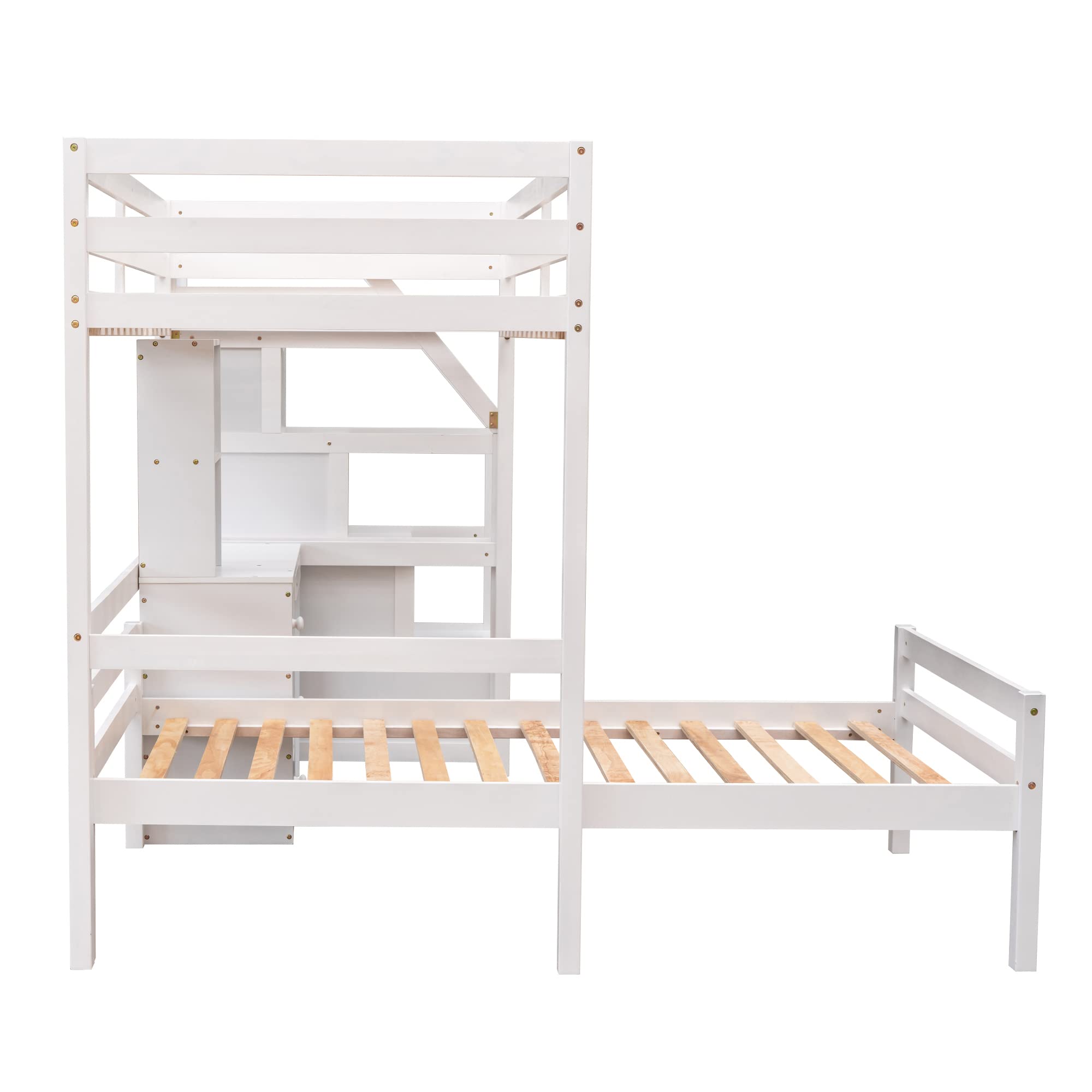 BIADNBZ Twin Over Twin Bunk Bed with Desk, Stairs, Storage Drawers and Shelves, Wood L-Shaped Bunkbed with Convertible Design, for Kids Teens Bedroom, White