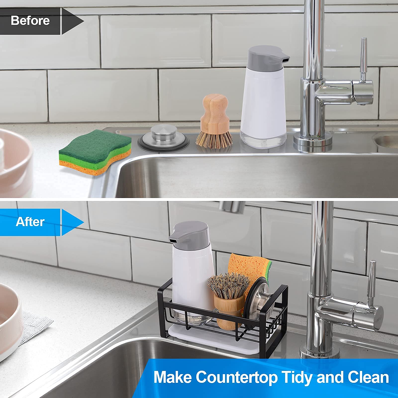 ARTLEO Dish Sponge Holder | Kitchen Sponge Caddy and Soap Dispenser Holder | Sink Tray Drainer Rack | Come with Front Drip Tray, for countertop, Black Stainless Steel.