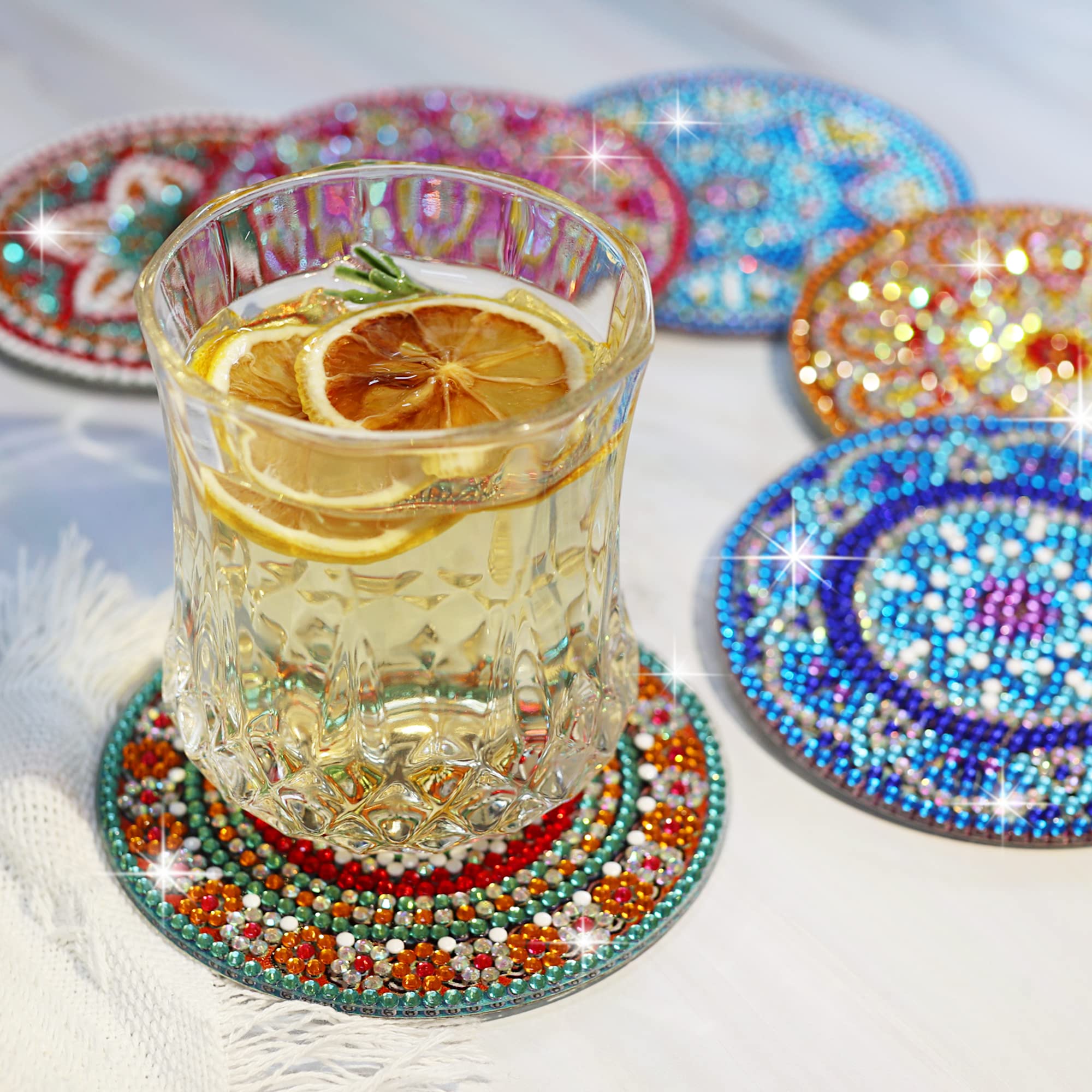 Temlum 6 Pcs Diamond Painting Coasters with Holder, DIY Mandala Coasters Diamond Art Kits for Beginners, Adults & Kids Small Diamond Painting Craft Supplies