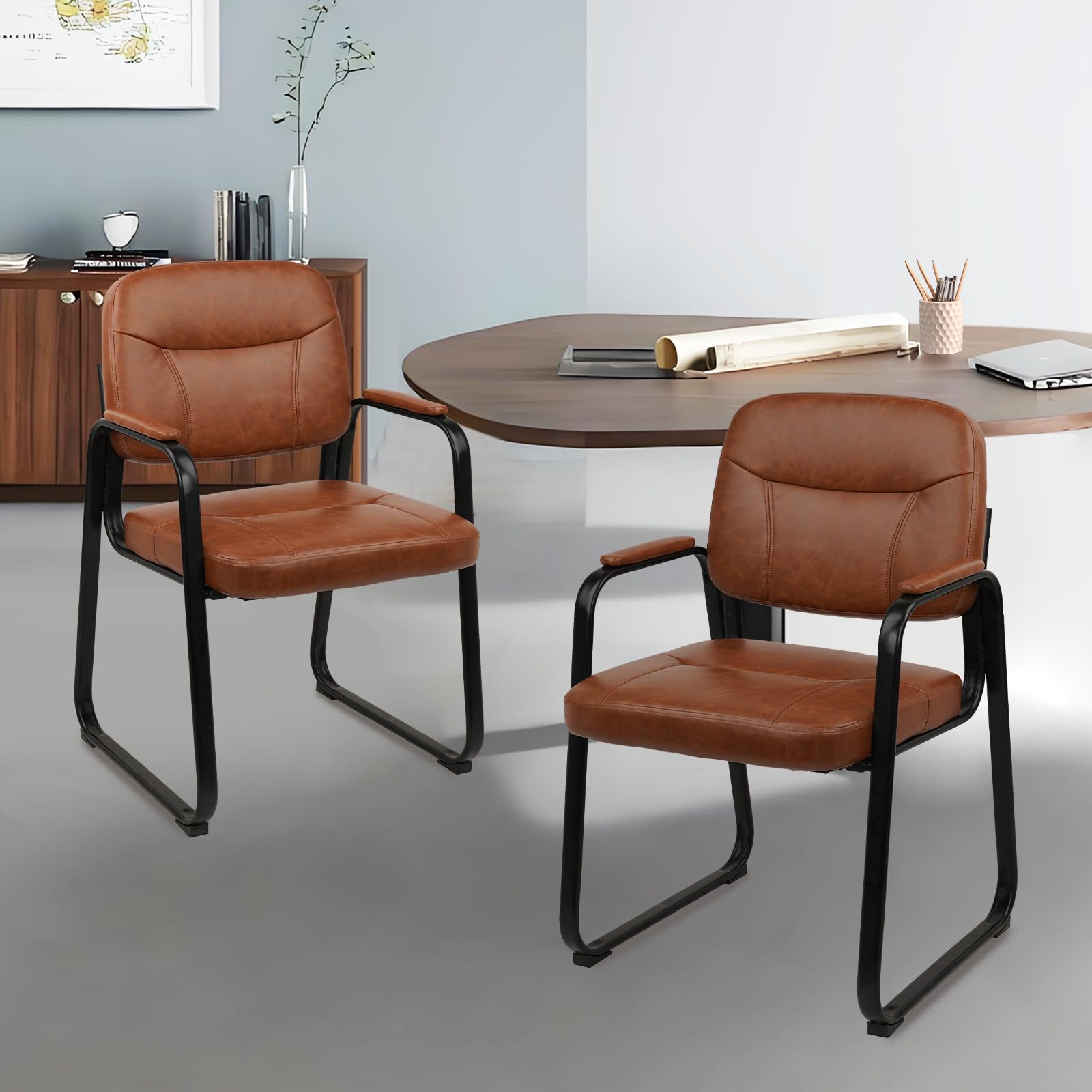 CLATINA Waiting Room Guest Chair with Bonded Leather Padded Arm Rest Modern Style with Sled Base for Office Reception and Conference Desk Black 1Pack