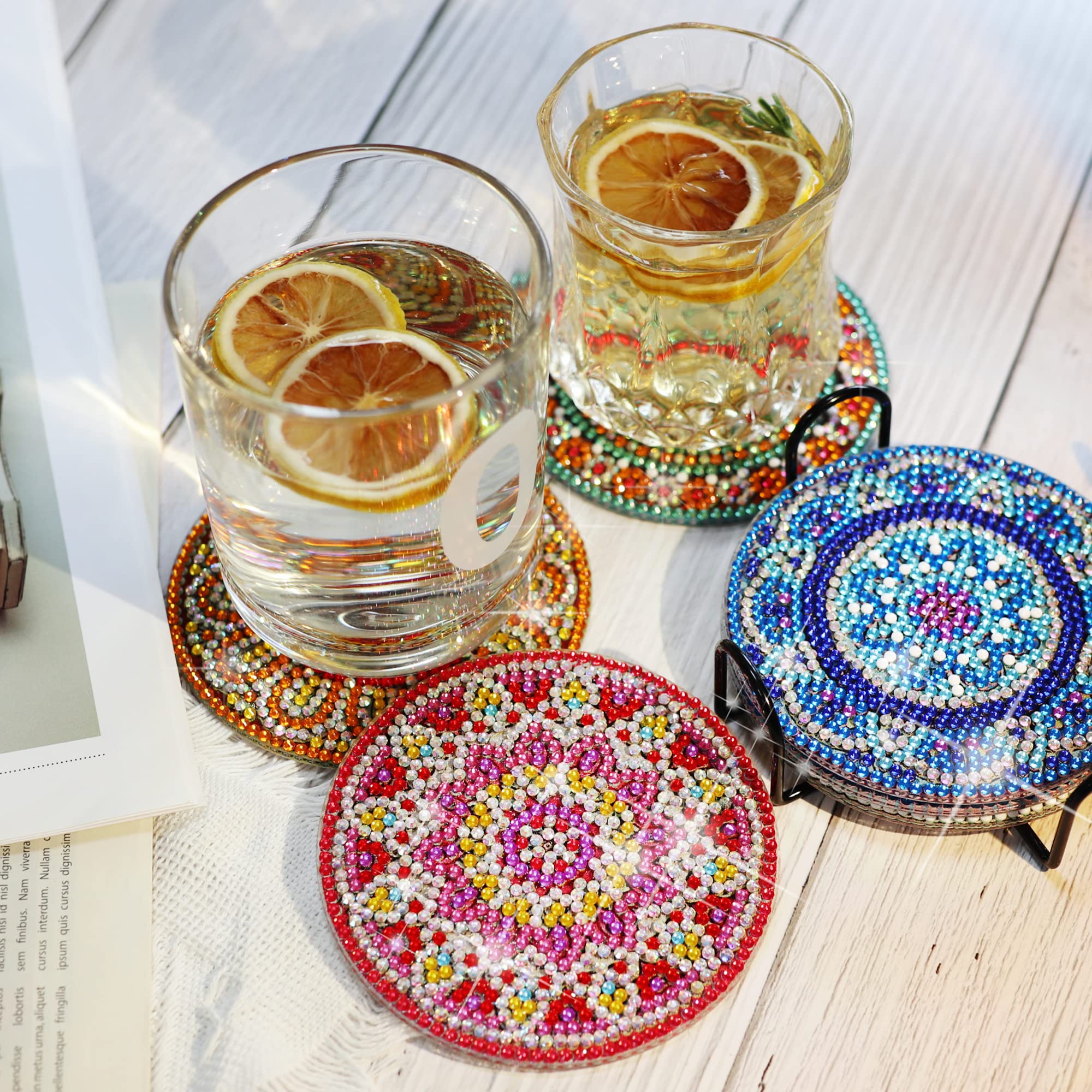 Temlum 6 Pcs Diamond Painting Coasters with Holder, DIY Mandala Coasters Diamond Art Kits for Beginners, Adults & Kids Small Diamond Painting Craft Supplies