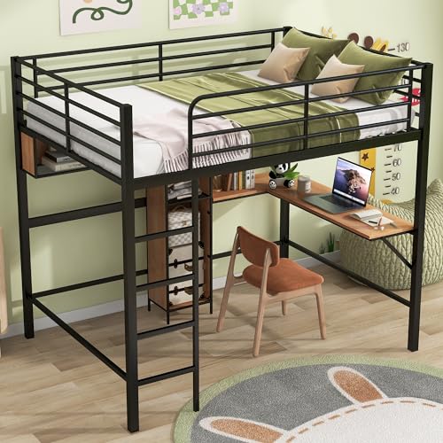 DOLPRNE Full Size Metal Loft Bed with L -Shaped Desk,Guardrails and Shelves,Multi -Functional Bed Frame for Kids Teens Adults Bedroom,Black