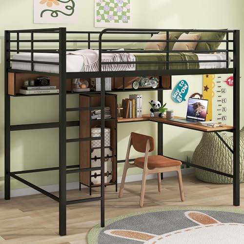 DOLPRNE Full Size Metal Loft Bed with L -Shaped Desk,Guardrails and Shelves,Multi -Functional Bed Frame for Kids Teens Adults Bedroom,Black