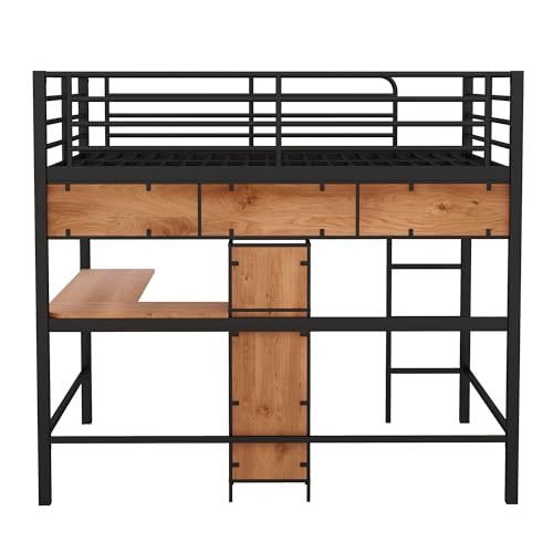 DOLPRNE Full Size Metal Loft Bed with L -Shaped Desk,Guardrails and Shelves,Multi -Functional Bed Frame for Kids Teens Adults Bedroom,Black