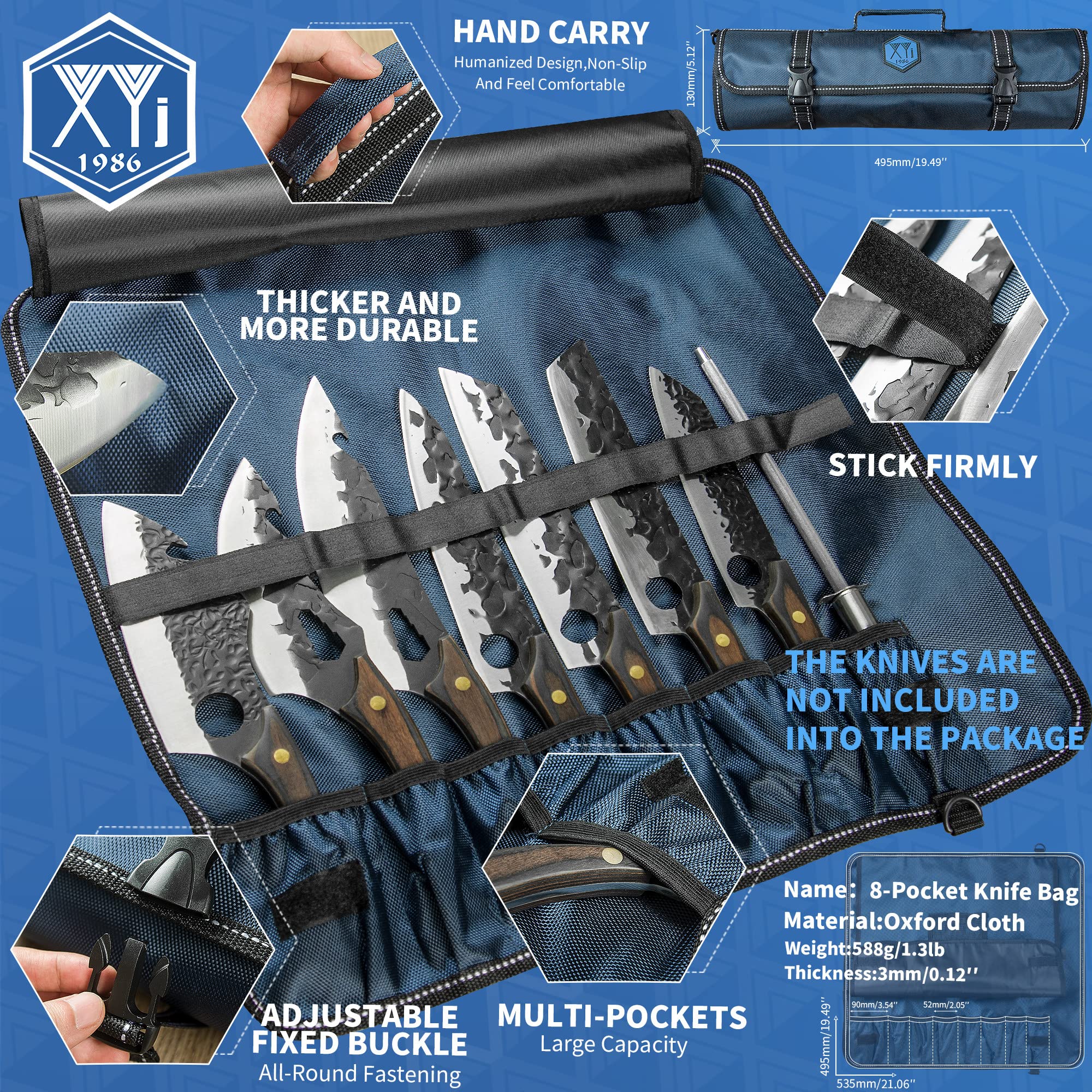 Authentic XYJ Since 1986,Chef Knife Bag With Shoulder Strap,8 Slots Roll Bag,Travel Camping Storage Carry Case,Oxford Cloth Portable Pockets Bag Holds Kitchen Knives Tools Set (XYJ Blue)