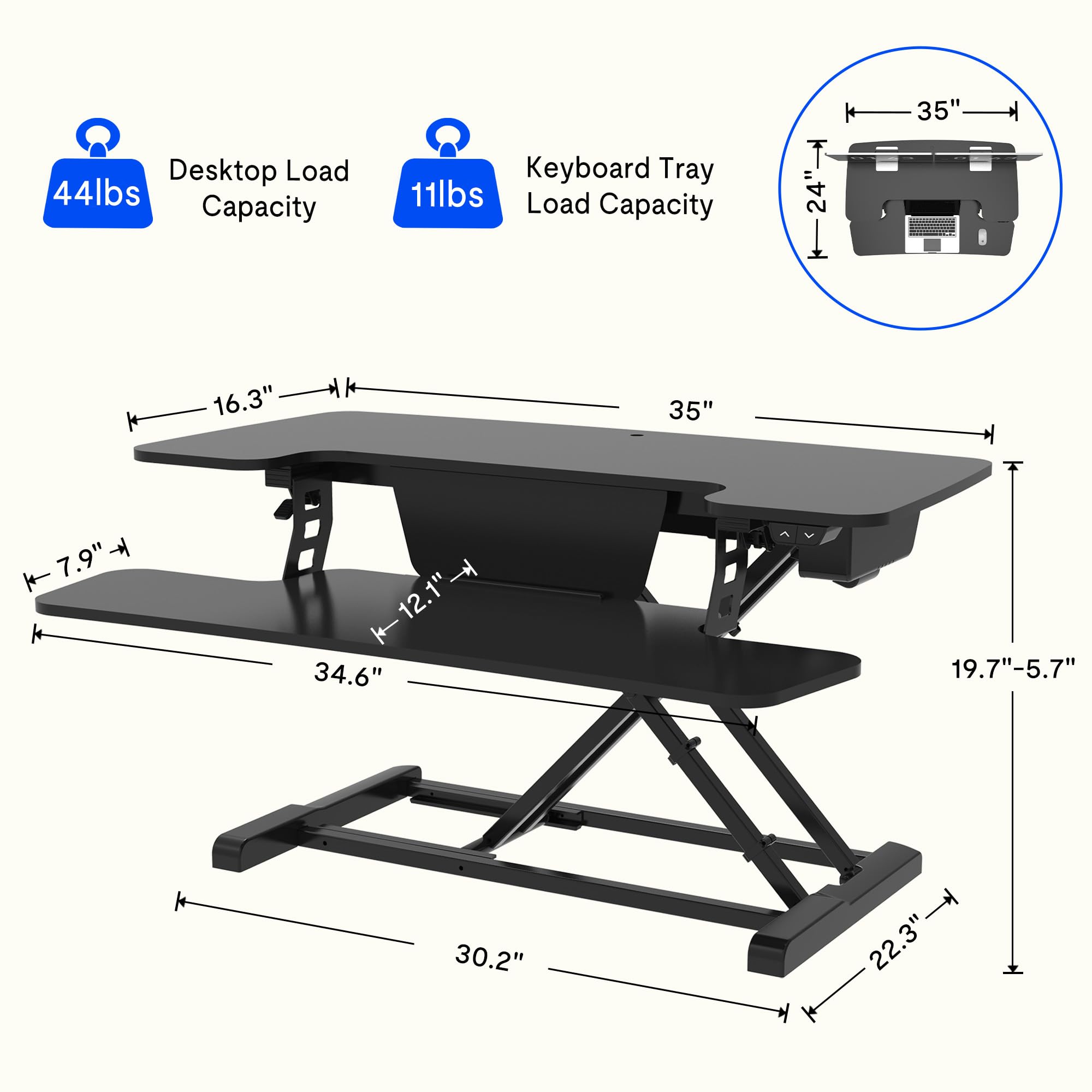 FLEXISPOT Motorized Standing Desk Converter 35" Wide Electric Stand up Desk Riser for Monitor and Laptop,Black Height Adjustable Desk for Home Office