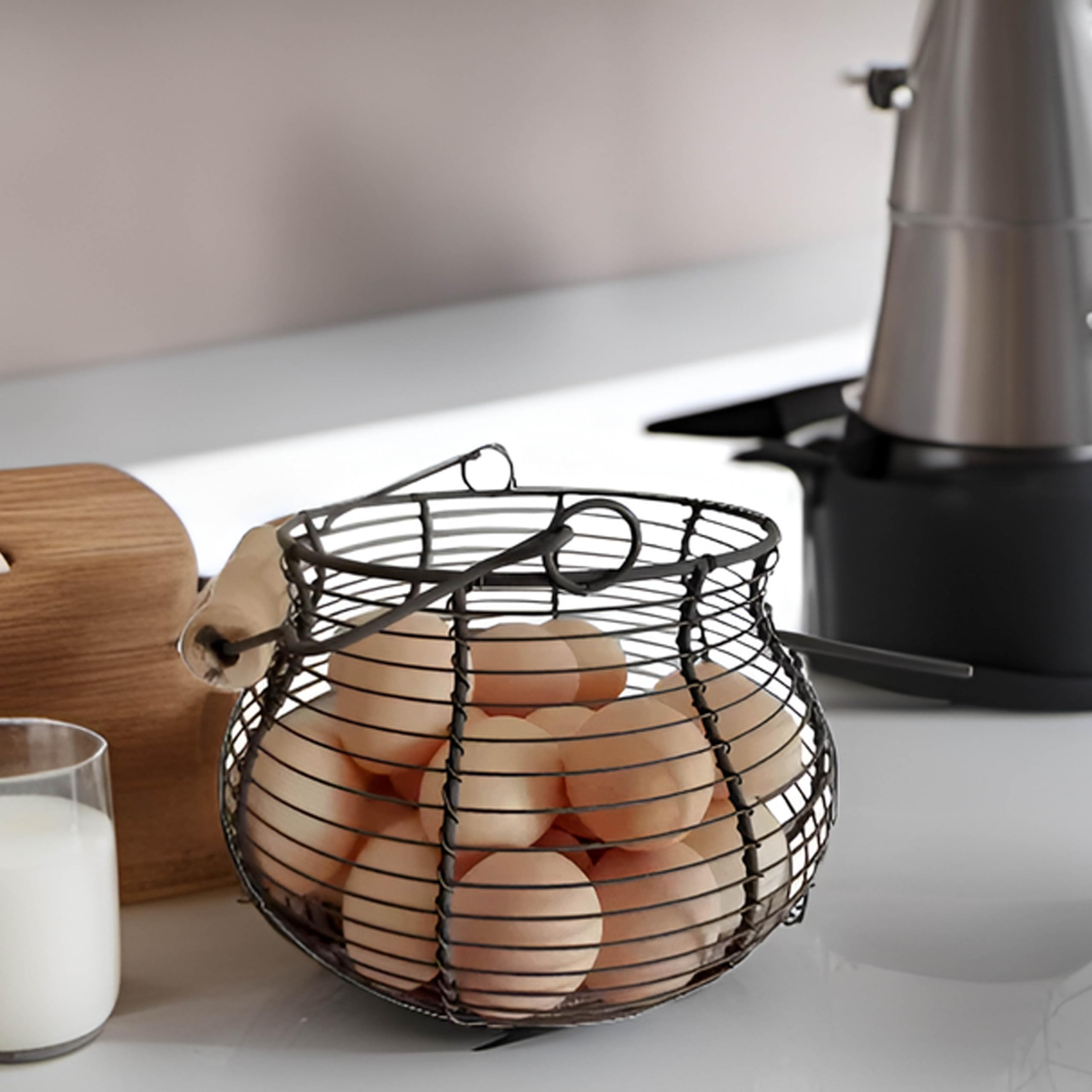 Metal Wire Egg Baskets for Collect Fresh Egg Baskets Countertop Holder, LINCOUNTRY Rustic Round Small Chicken Basket Gathering Fresh Egg With Handle,Country Primitive Farmhouse Vintage Storage Kid