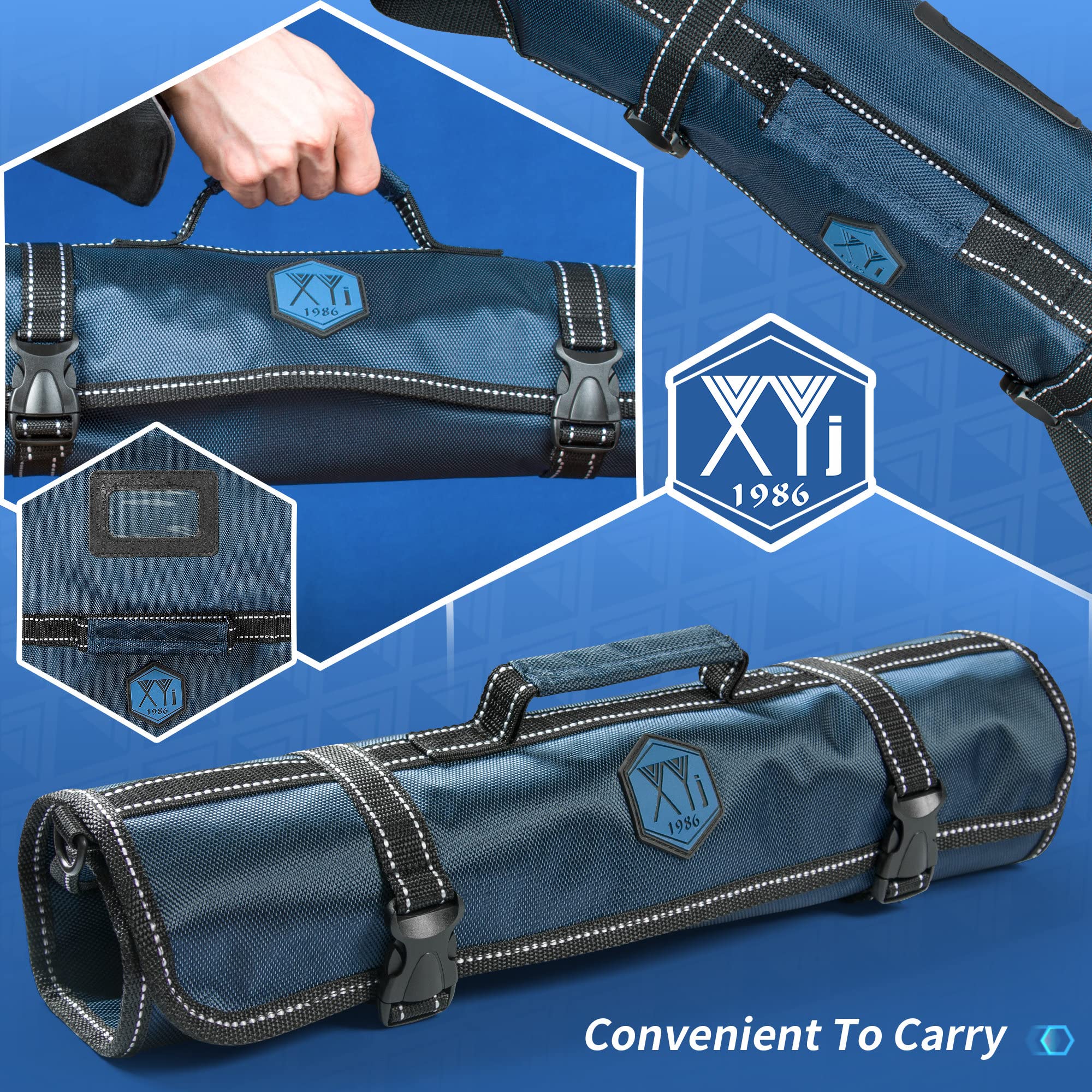 Authentic XYJ Since 1986,Chef Knife Bag With Shoulder Strap,8 Slots Roll Bag,Travel Camping Storage Carry Case,Oxford Cloth Portable Pockets Bag Holds Kitchen Knives Tools Set (XYJ Blue)