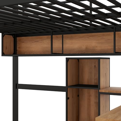 DOLPRNE Full Size Metal Loft Bed with L -Shaped Desk,Guardrails and Shelves,Multi -Functional Bed Frame for Kids Teens Adults Bedroom,Black