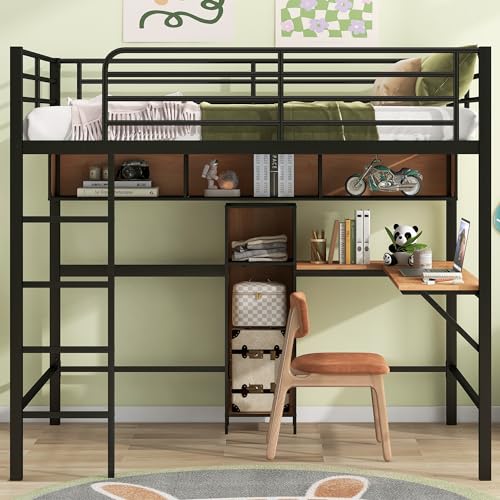 DOLPRNE Full Size Metal Loft Bed with L -Shaped Desk,Guardrails and Shelves,Multi -Functional Bed Frame for Kids Teens Adults Bedroom,Black