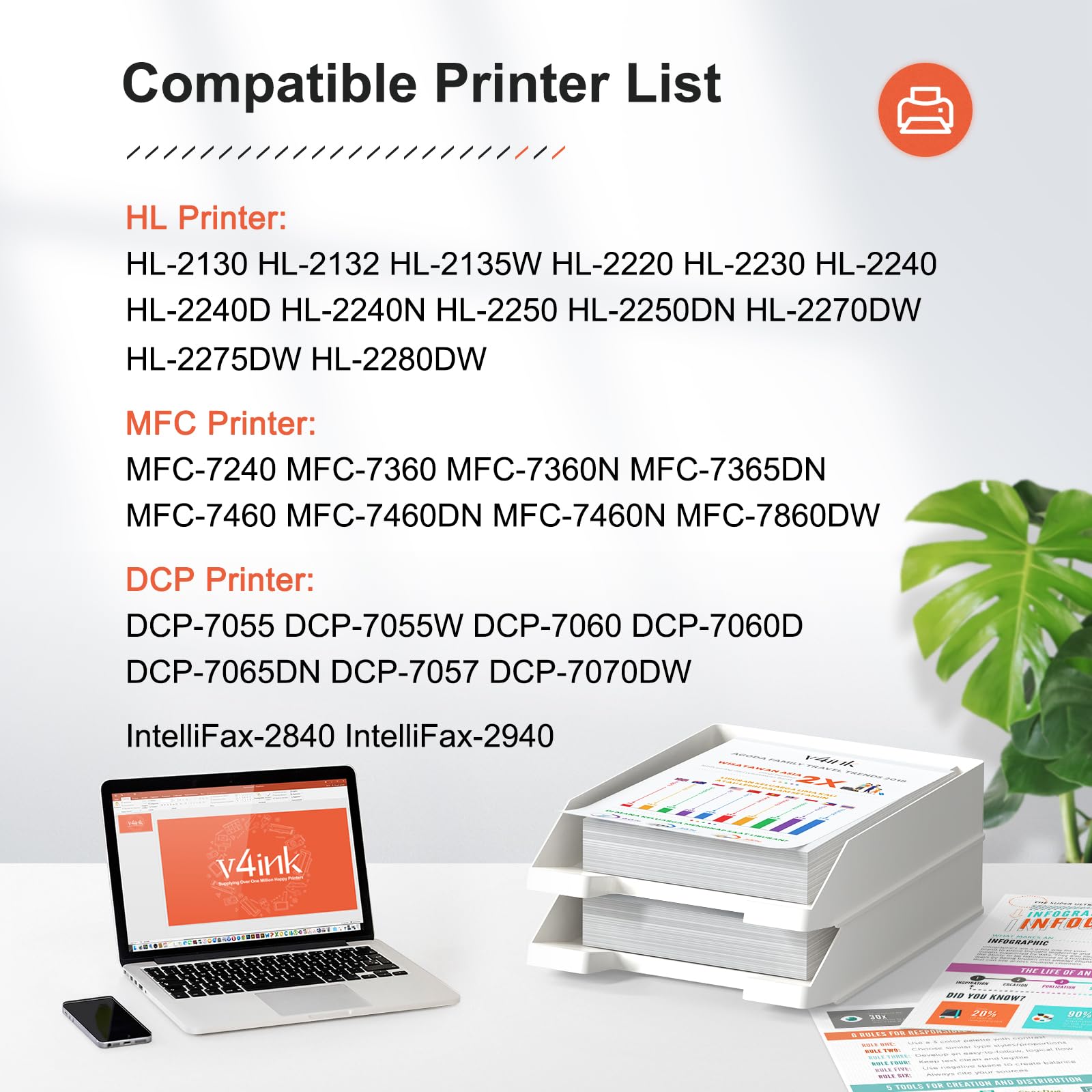 v4ink Compatible Replacement for Brother TN450 TN420 Black Toner Cartridge High Yield to use for HL-2240d HL-2270dw HL-2280dw MFC-7360n MFC-7860dw IntelliFax 2840 2940 4-Packs