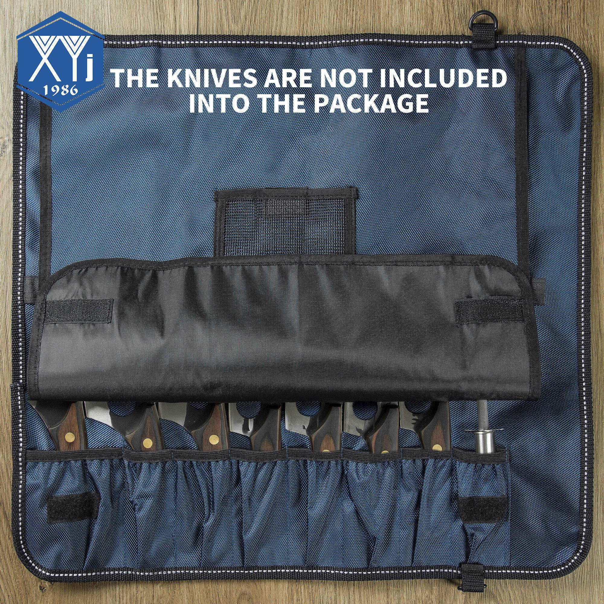 Authentic XYJ Since 1986,Chef Knife Bag With Shoulder Strap,8 Slots Roll Bag,Travel Camping Storage Carry Case,Oxford Cloth Portable Pockets Bag Holds Kitchen Knives Tools Set (XYJ Blue)