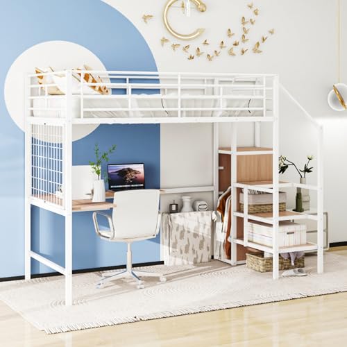 EMKK Full Size Metal Loft Bed with Desk and Metal Grid, Stylish Metal Frame Bed with Lateral Storage Ladder and Wardrobe,Loft Bed for Kids, Teens - Creative Haven for Study and Sleep