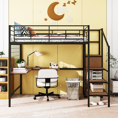 EMKK Full Size Metal Loft Bed with Desk and Metal Grid, Stylish Metal Frame Bed with Lateral Storage Ladder and Wardrobe,Loft Bed for Kids, Teens - Creative Haven for Study and Sleep
