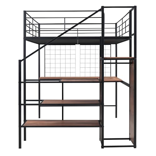 EMKK Full Size Metal Loft Bed with Desk and Metal Grid, Stylish Metal Frame Bed with Lateral Storage Ladder and Wardrobe,Loft Bed for Kids, Teens - Creative Haven for Study and Sleep
