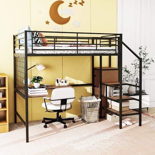 EMKK Full Size Metal Loft Bed with Desk and Metal Grid, Stylish Metal Frame Bed with Lateral Storage Ladder and Wardrobe,Loft Bed for Kids, Teens - Creative Haven for Study and Sleep