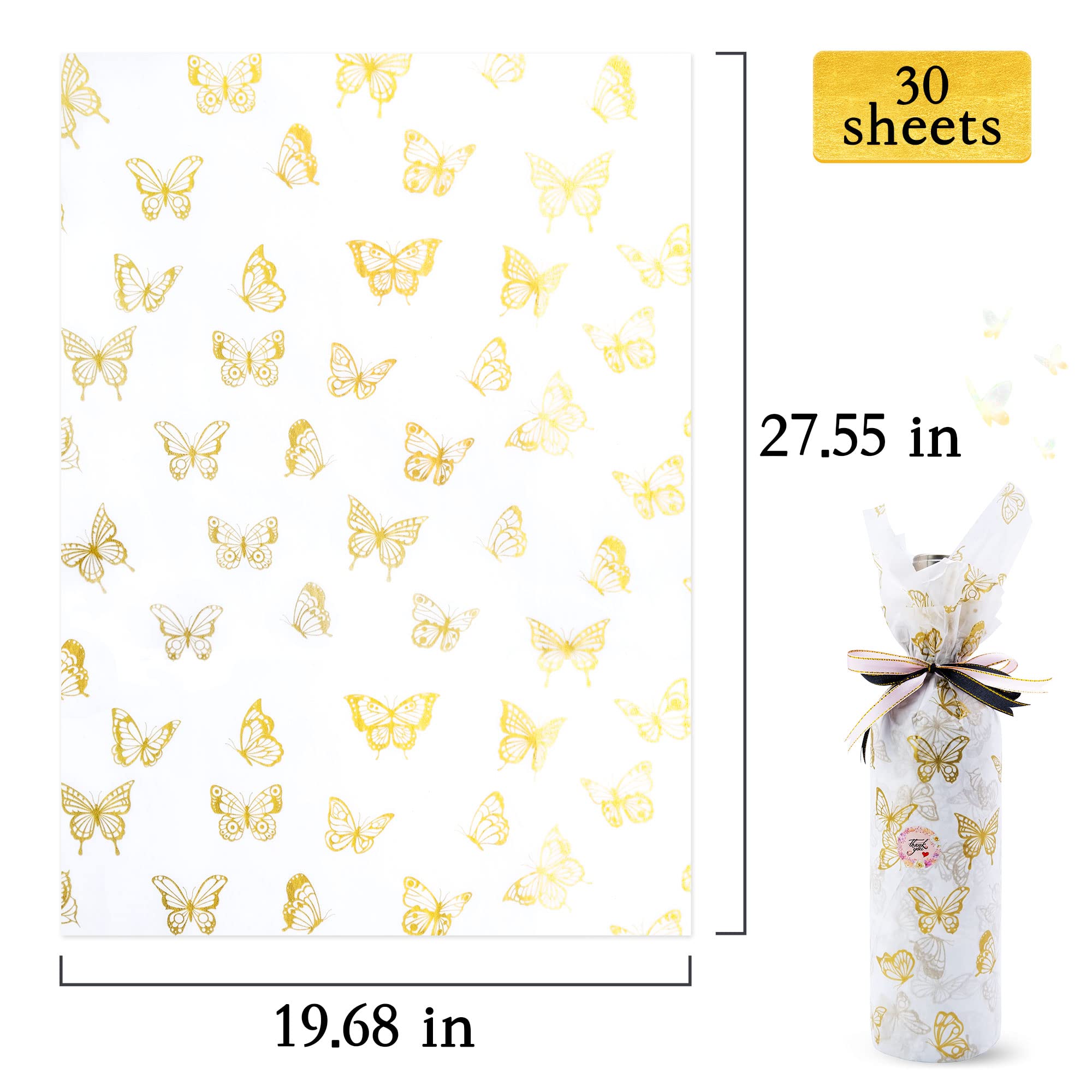 MR FIVE White with Metallic Gold Butterfly Tissue Paper Bulk,20" x 28",Gold Butterfly Design Tissue Paper for Gift Bags,Gold Gift Wrapping Tissue Paper,30 Sheets